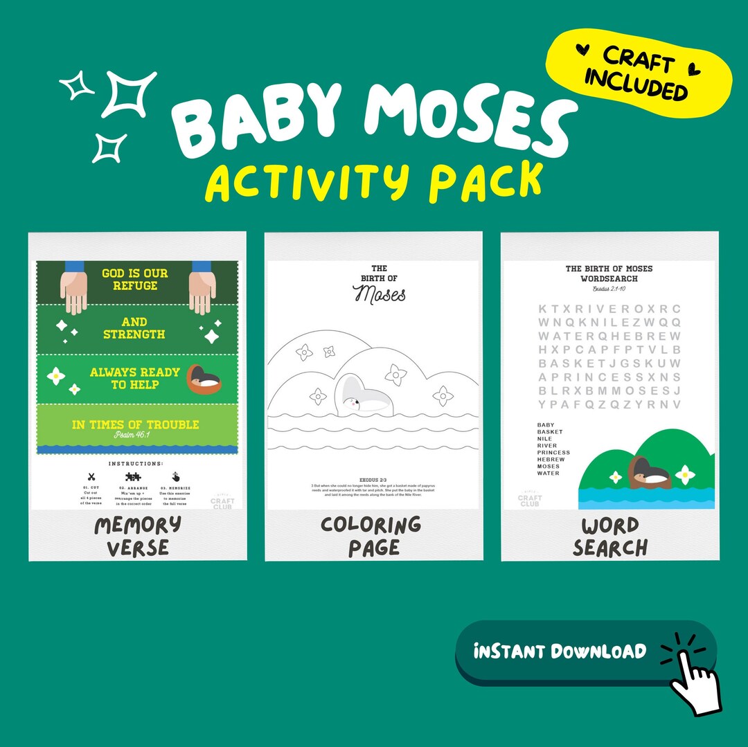 BABY MOSES Activity Pack for Kids Memory Verse Printable Word Search ...