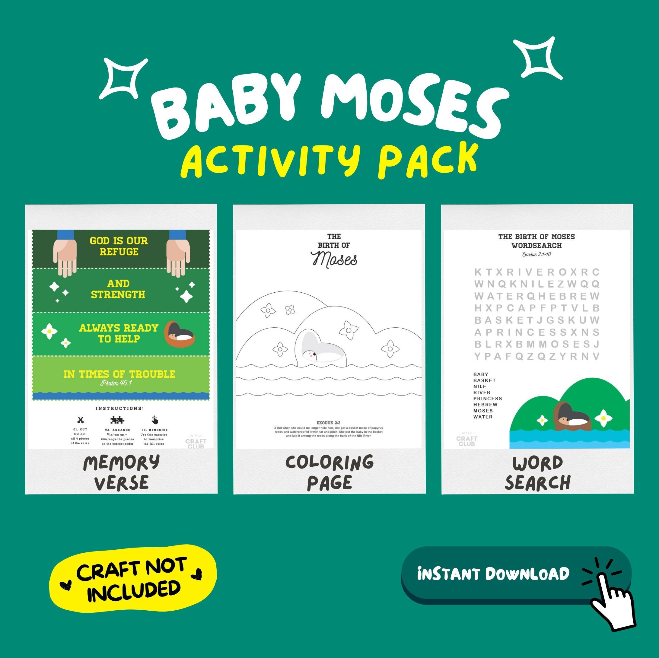 BABY MOSES Activity Pack for Kids Memory Verse Printable Word Search ...