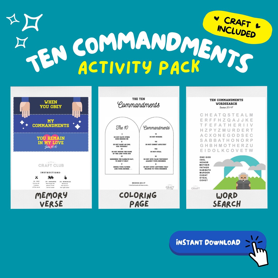 TEN COMMANDMENTS Activity Pack for Kids Memory Verse Printable Word ...
