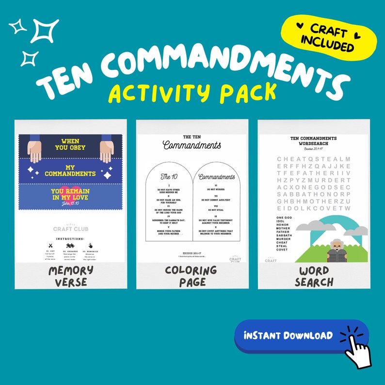 TEN COMMANDMENTS Activity Pack for Kids Memory Verse Printable Word ...