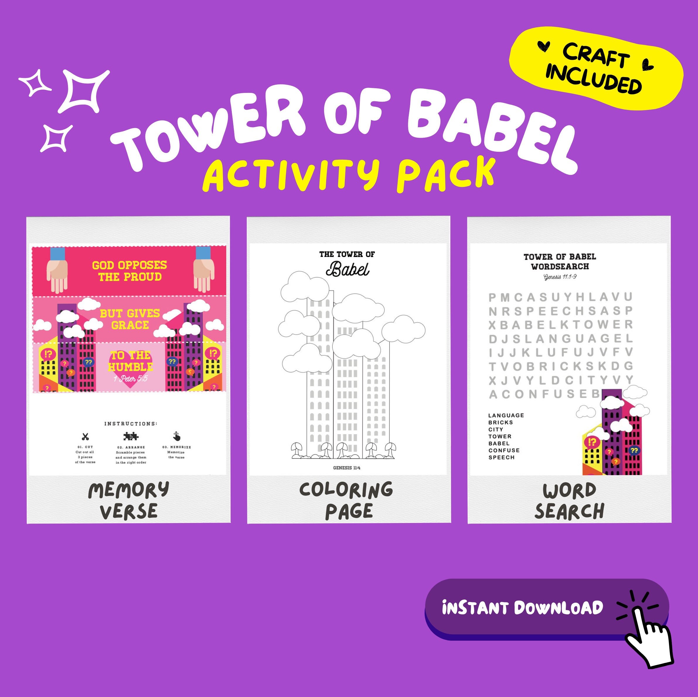 TOWER OF BABEL Activity Pack for Kids Memory Verse Printable Word ...