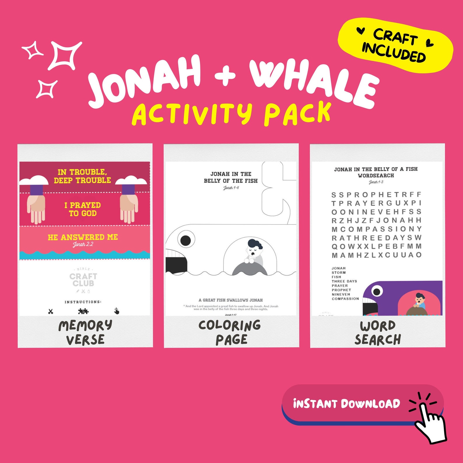 JONAH AND WHALE Activity Pack for Kids Memory Verse Printable Word ...