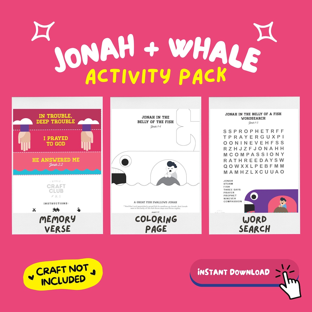 JONAH AND WHALE Activity Pack for Kids Memory Verse Printable Word ...