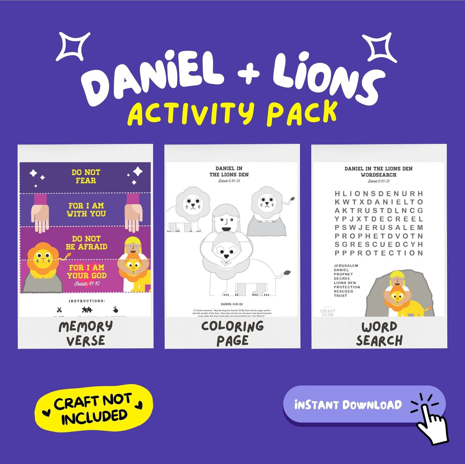 DANIEL LIONS DEN Activity Pack for Kids Memory Verse Printable Word ...