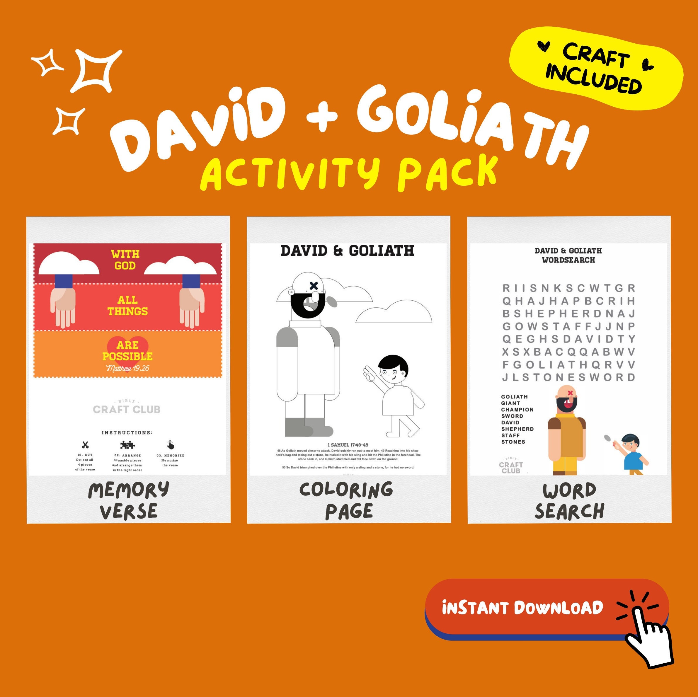 DAVID AND GOLIATH Activity Pack for Kids Memory Verse Printable Word ...