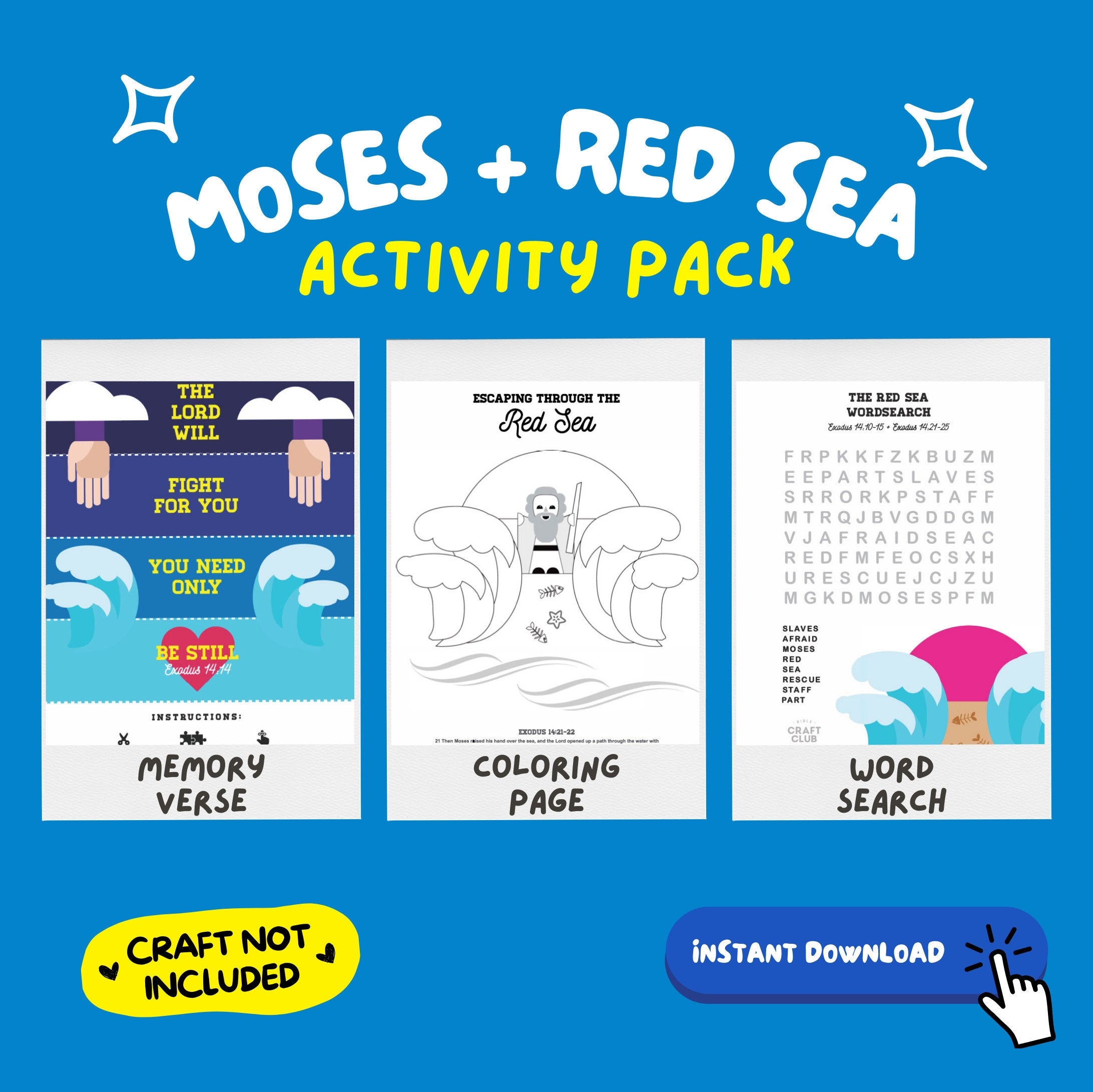 MOSES RED SEA Activity Pack for Kids Memory Verse Printable Word Search ...