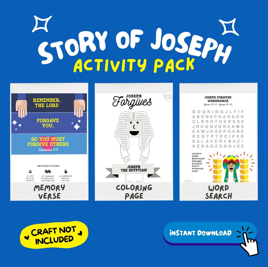 STORY OF JOSEPH Activity Pack for Kids Memory Verse Printable Word ...