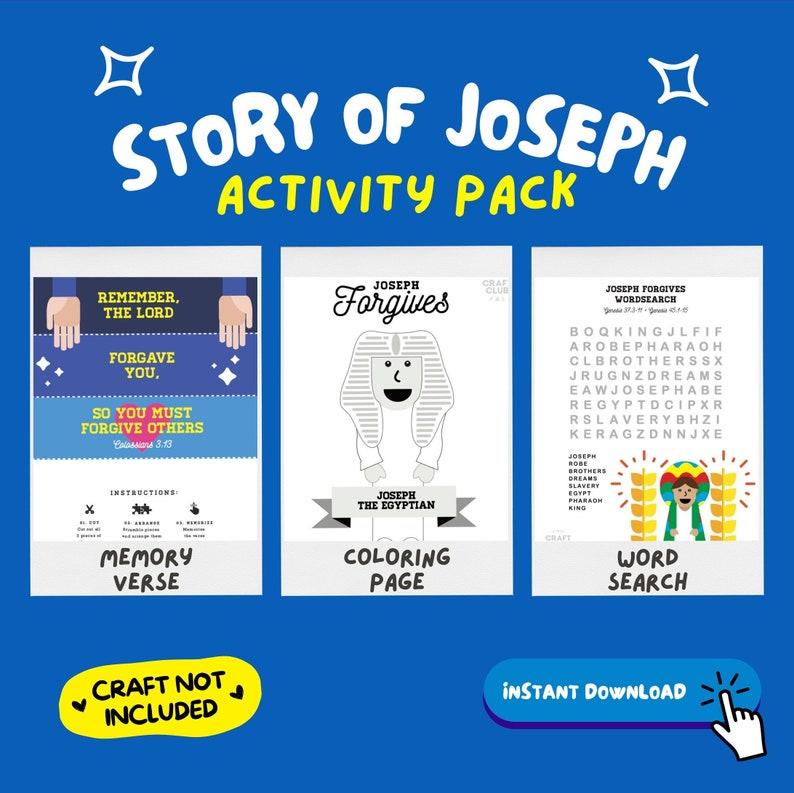 STORY OF JOSEPH Activity Pack for Kids Memory Verse Printable Word ...