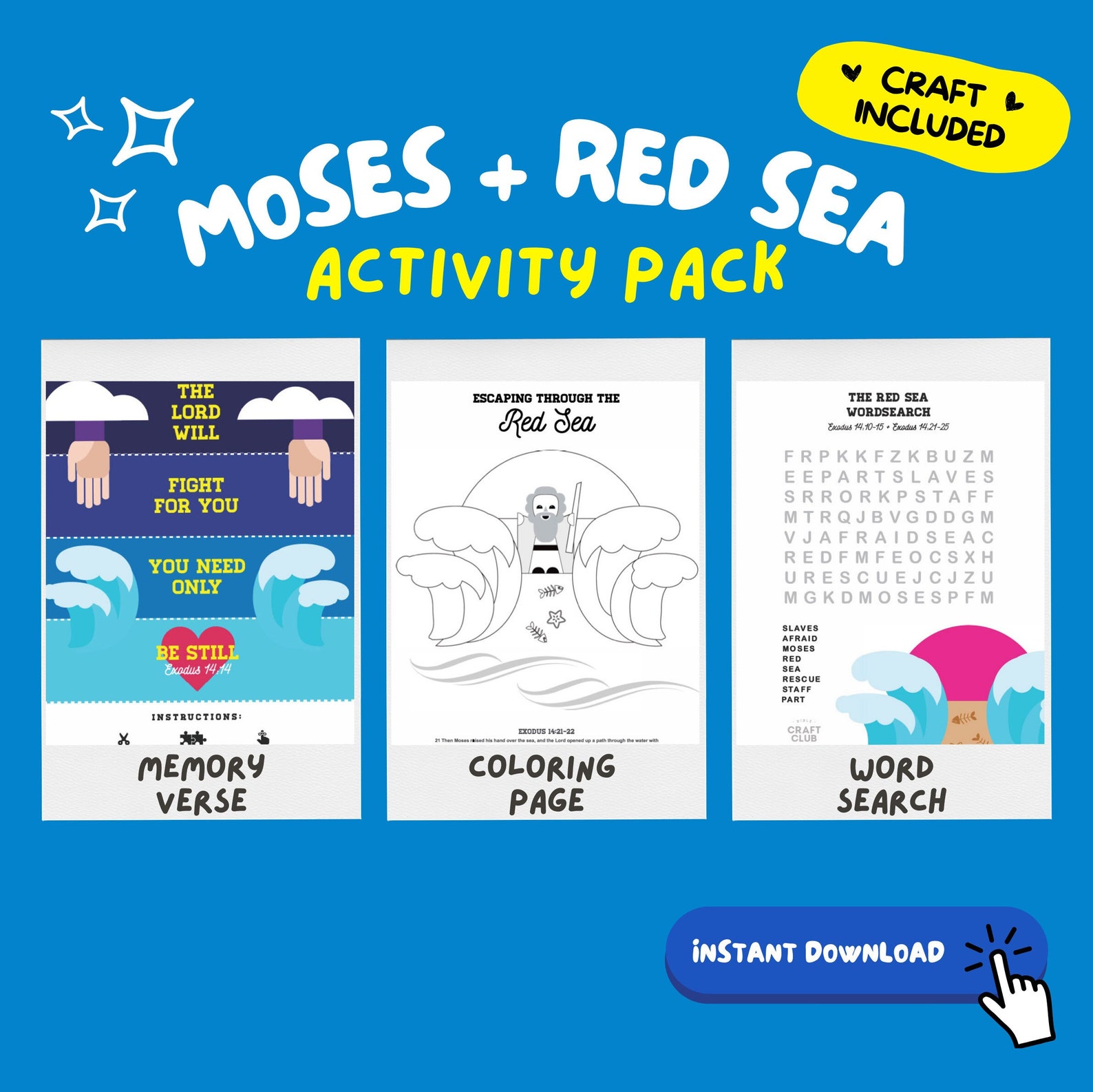 MOSES RED SEA Activity Pack for Kids Memory Verse Printable Word Search ...