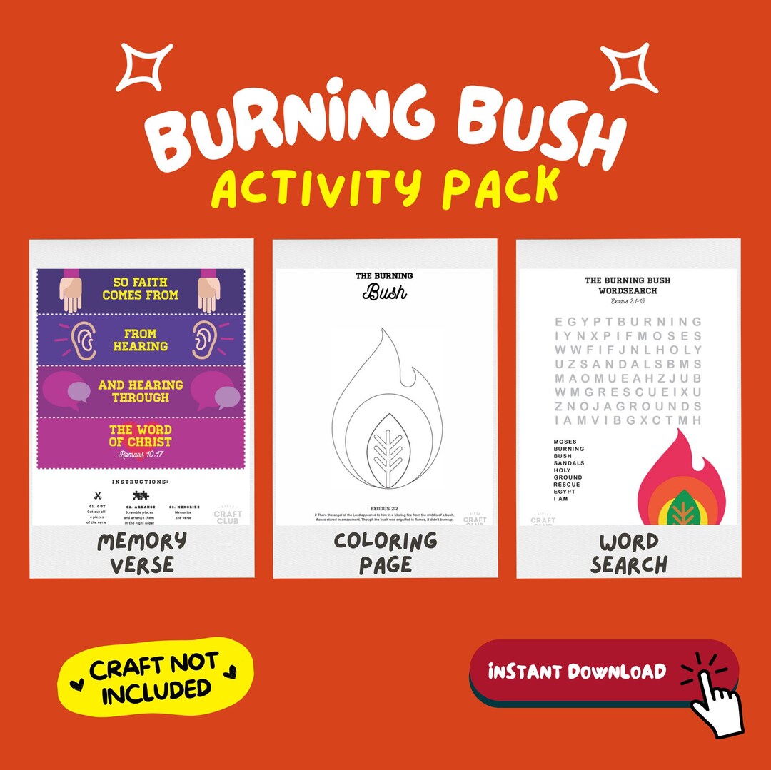 BURNING BUSH Activity Pack for Kids Memory Verse, Word Search, Coloring ...