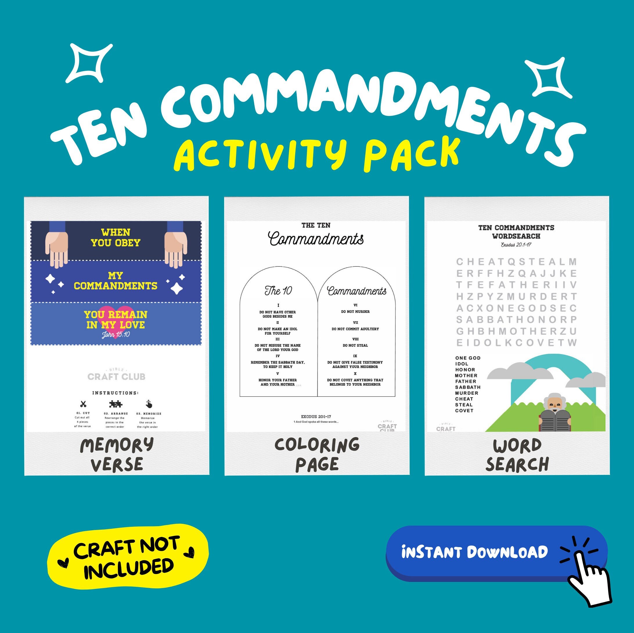 TEN COMMANDMENTS Bible Activity Pack Kids Bible Craft Kids Bible Lesson ...