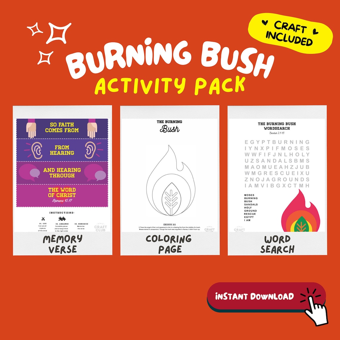 BURNING BUSH Activity Pack for Kids Memory Verse Printable Word Search ...