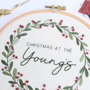 Personalised Name Christmas Wreath Hand Embroidery Pattern, Mistletoe ...