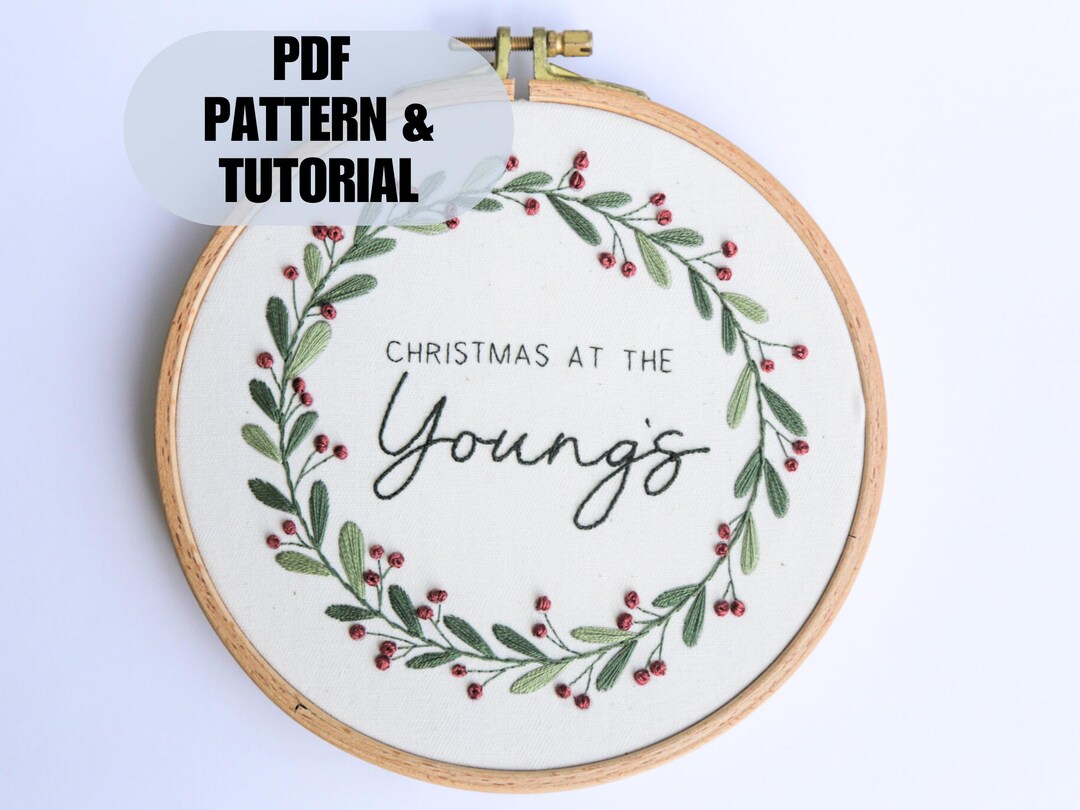 Personalised Name Christmas Wreath Hand Embroidery Pattern, Mistletoe ...