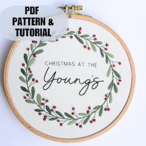 Personalised Name Christmas Wreath Hand Embroidery Pattern, Mistletoe ...