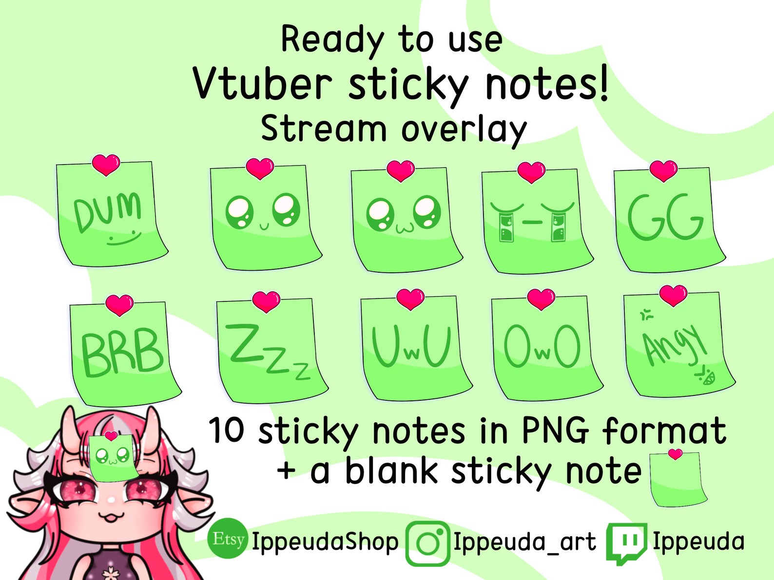 11x Green Heart Sticky Note Assets |vtuber | Pngtuber | Streamer ...