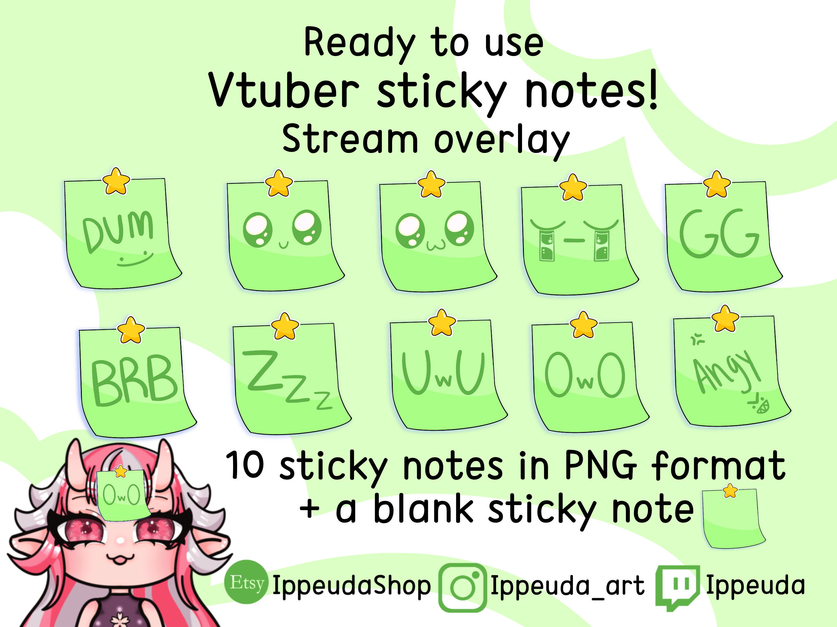 11x Green Star Sticky Note Assets |vtuber | Pngtuber | Streamer | Vroid ...