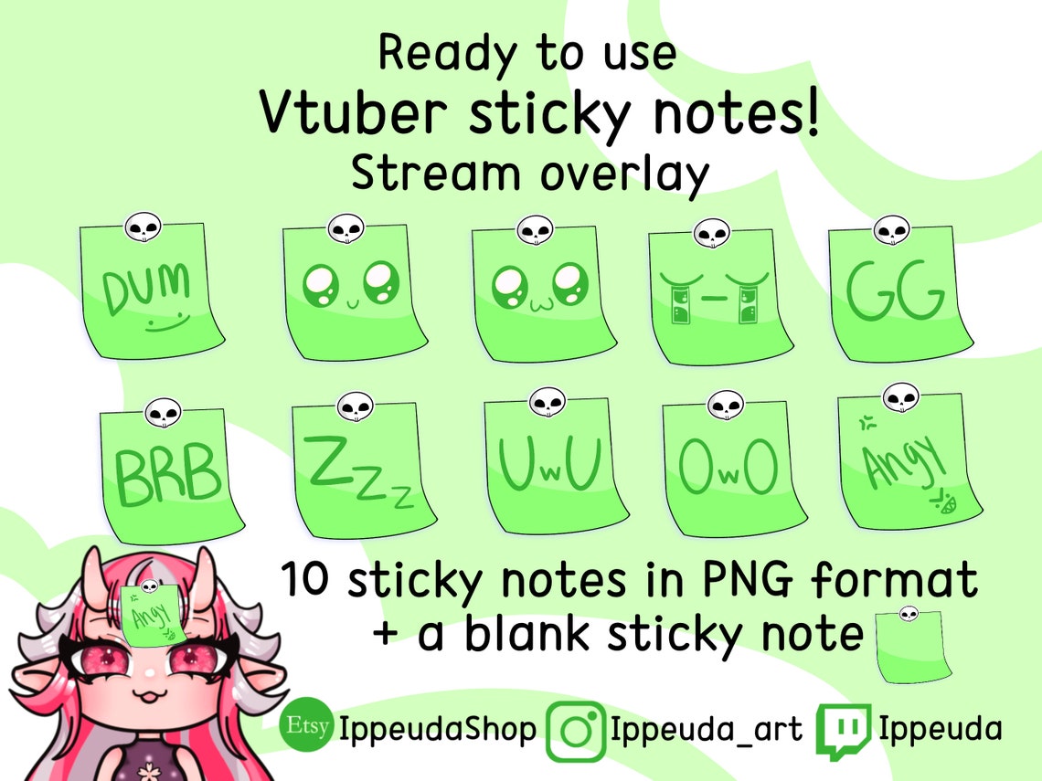 11x Green Skull Sticky Note Assets |vtuber | Pngtuber | Streamer ...