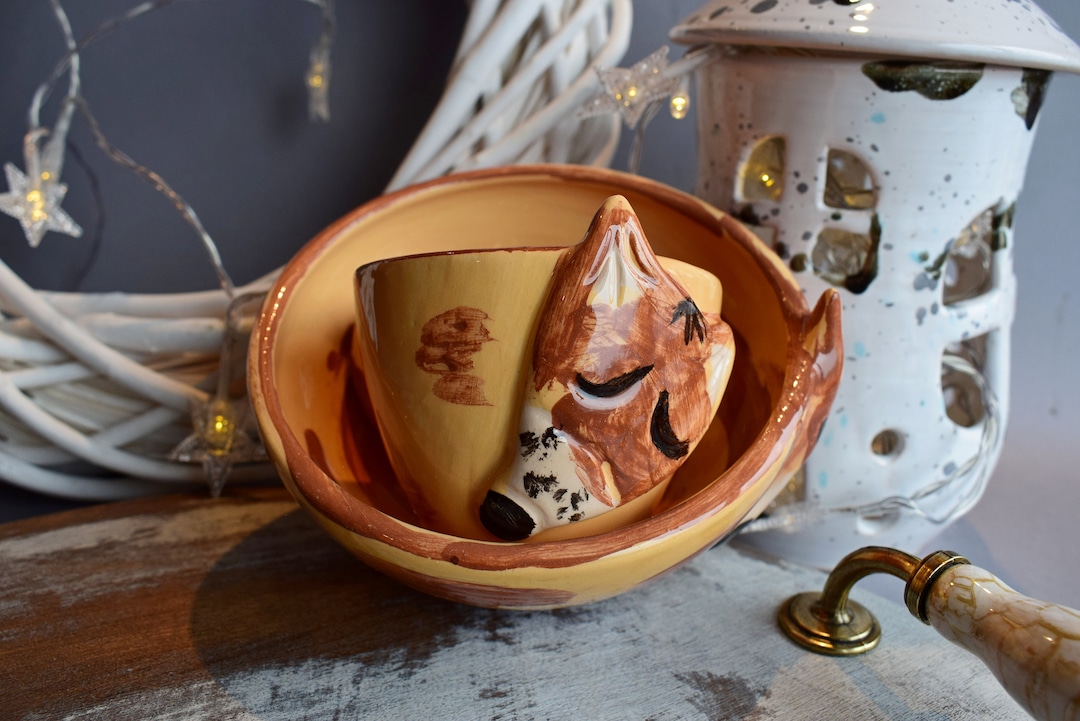 Ceramic Bowl and Cup With a Fox, A Magical Sleeping Fox, Dishes for ...
