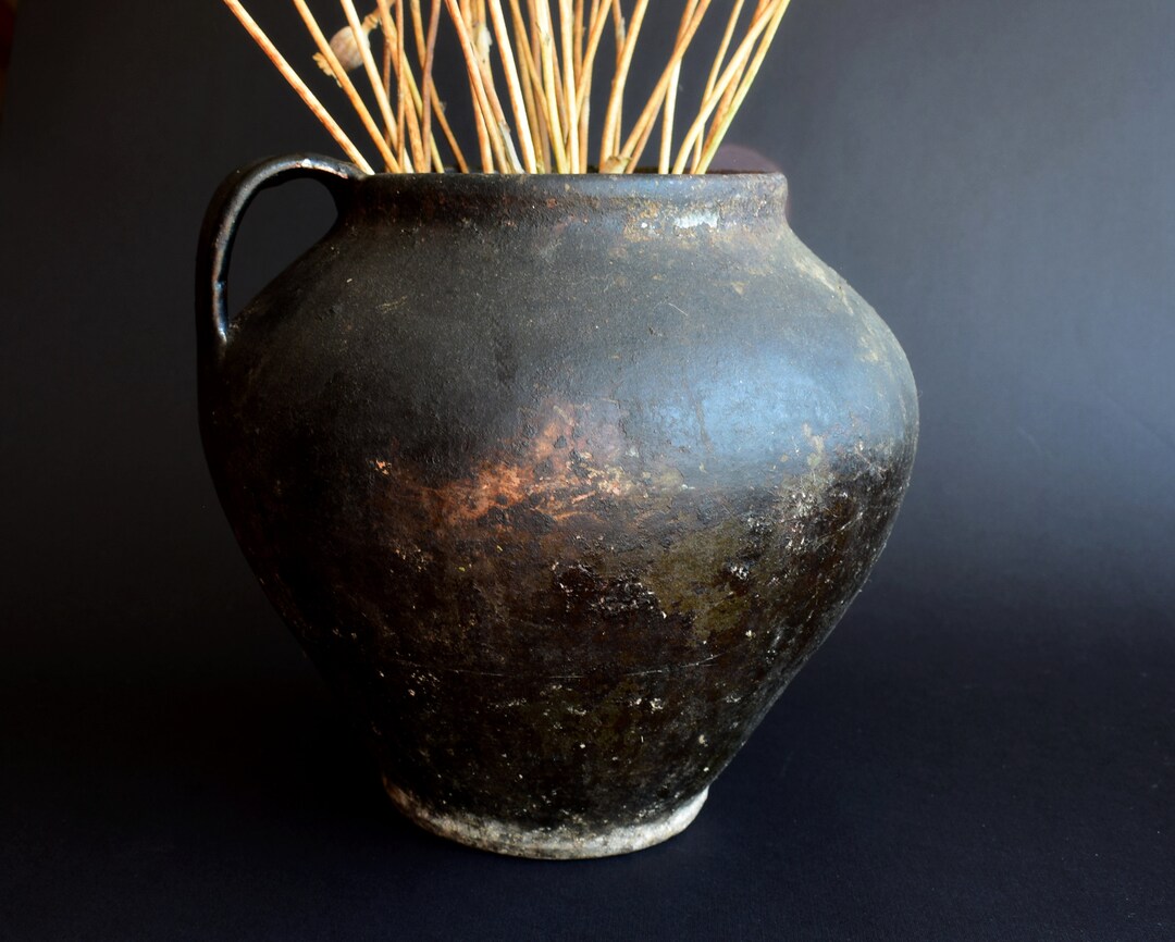 Large Old Black Pot, Vintage Pottery, Antique Clay Vessel, Rustic ...