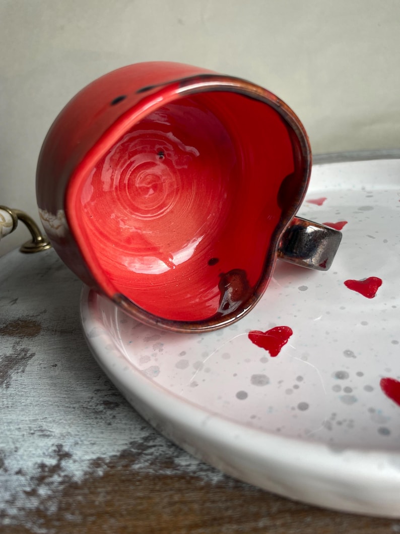 Handmade Ceramic Heart Mug & Saucer: Red Espresso Cup, Gift for Lovers ...