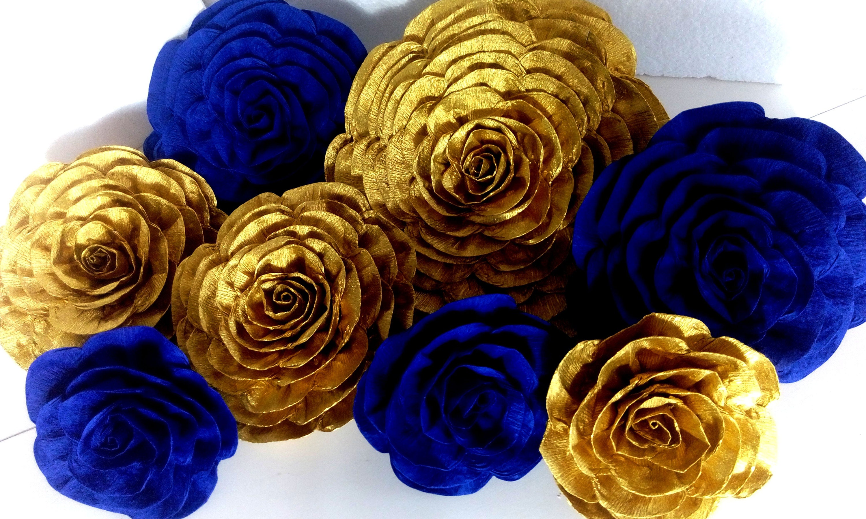 12 large paper flowers wall decor Gold Navy Royal blue cobalt | Etsy