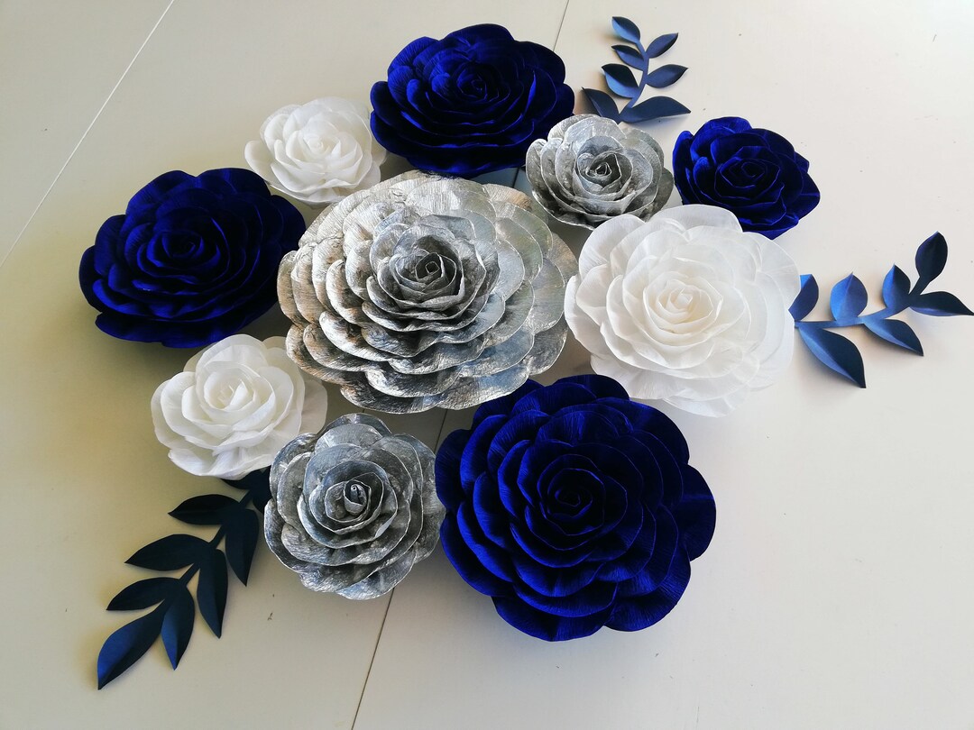 Royal Blue Silver Navy Large Paper Flower Wall Decor Party - Etsy