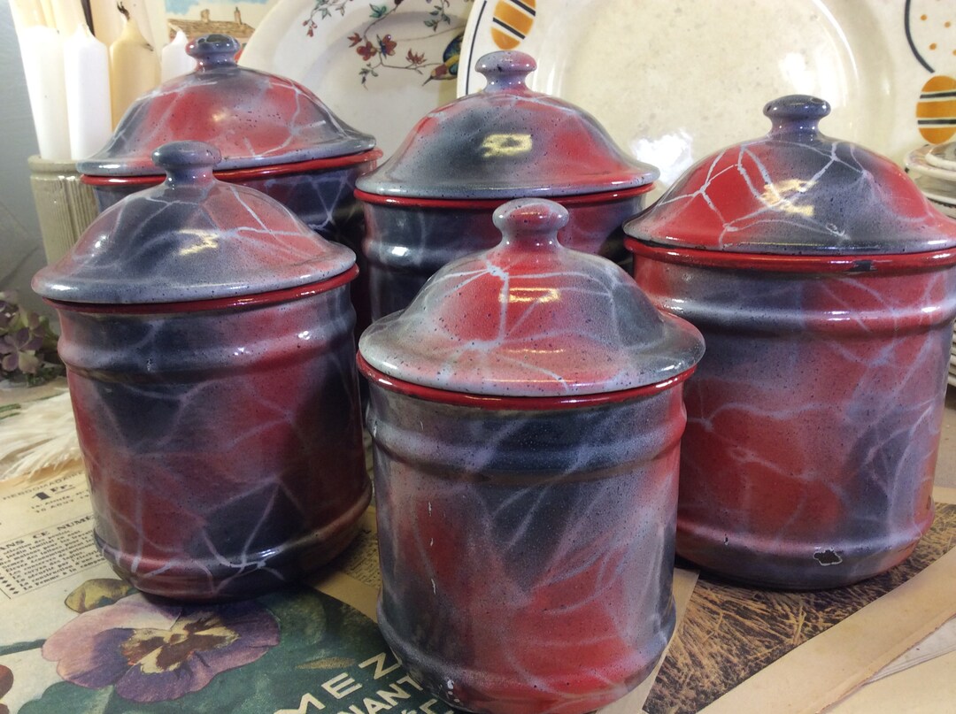 Set of 5 Vintage Enamel Spice Jars - Red and Grey Enamel Nesting ...