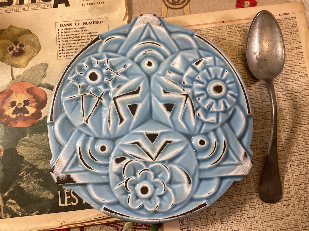 French Antique Art Deco Cast Round Pale Blue Enamel Trivet - Etsy