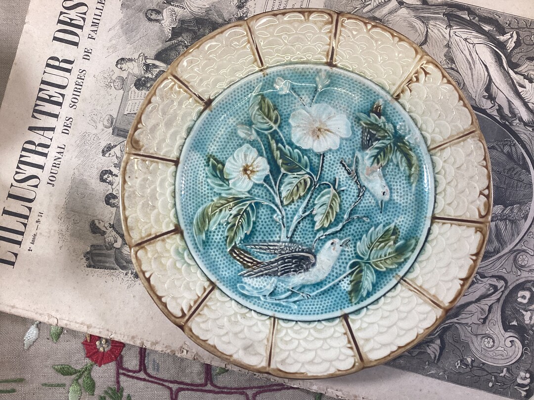 Antique Belgium Nimy Mouzin-lecat Majolica Bird and Anemone Flowers Plate, Bird Majolica Plate ...