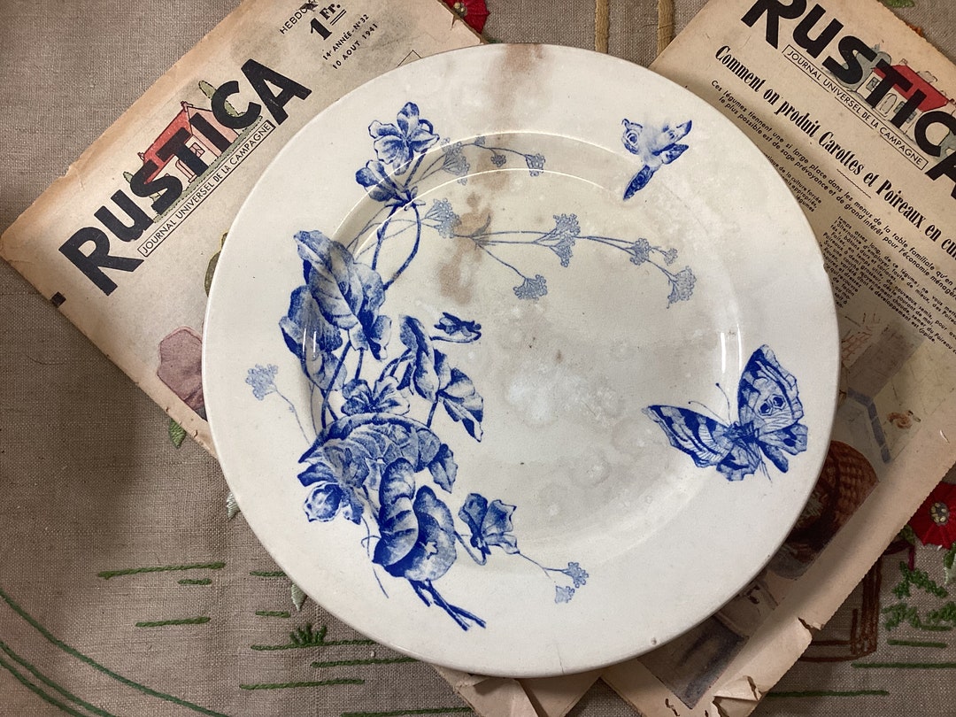 Antique Jules Vieillard Bordeaux Blue Butterfly Stencilware Plate ...