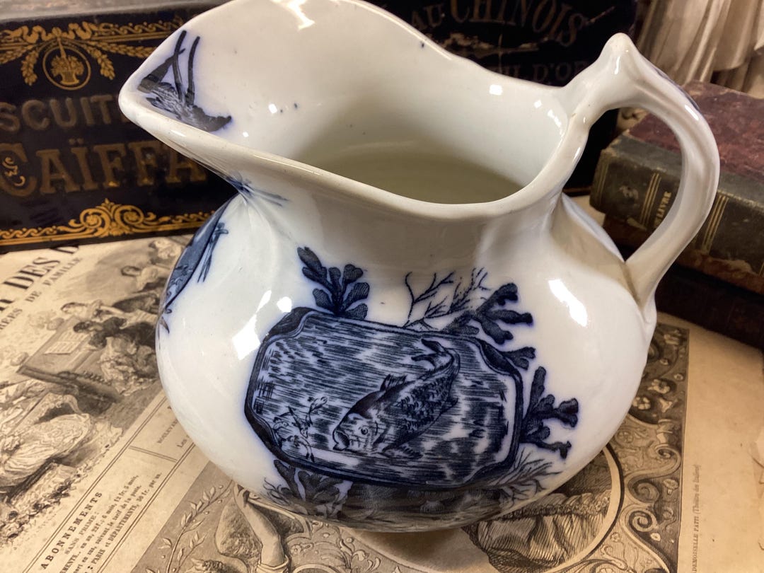 French Antique YOKO Blue Koi Carp, Waterlily, Reeds, Swallow Ironstone ...