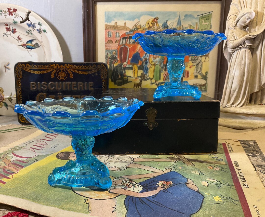 2 Tropical Blue Moulded Glass Bowls Turquoise Blue Footed Glass Bowls ...