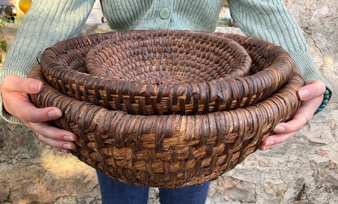 Set of 3 French Antique Handmade Rye, Straw Farm Baskets, Natural ...