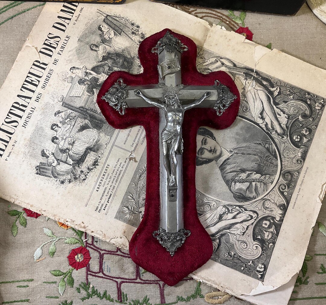 French Antique Metal Crucifix on Red Velvet Cross - French Antique ...