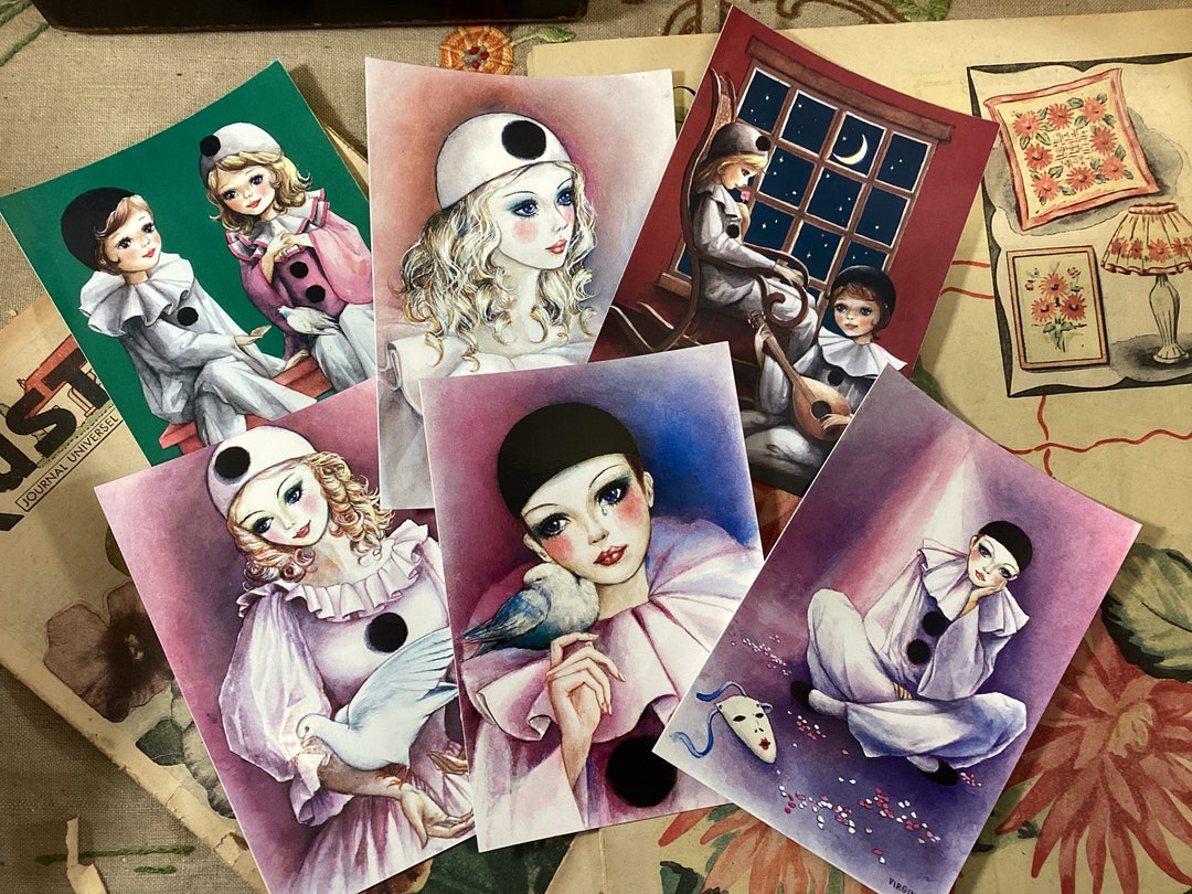Set of 6 Pierrot and Columbine French Vintage Postcards, 80s Pierrot ...