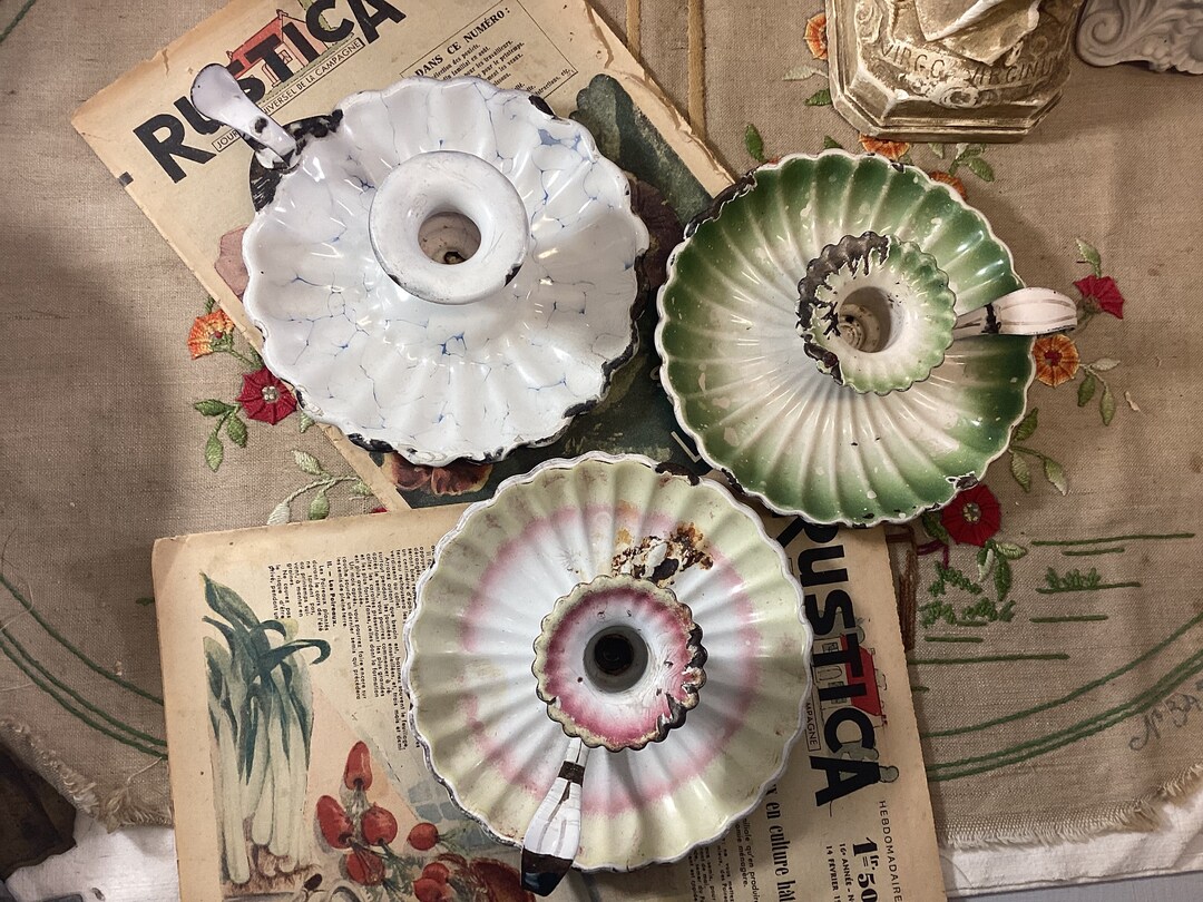 Set of 3 French Antique Enamelled in Pale Colour Candle Holders ...