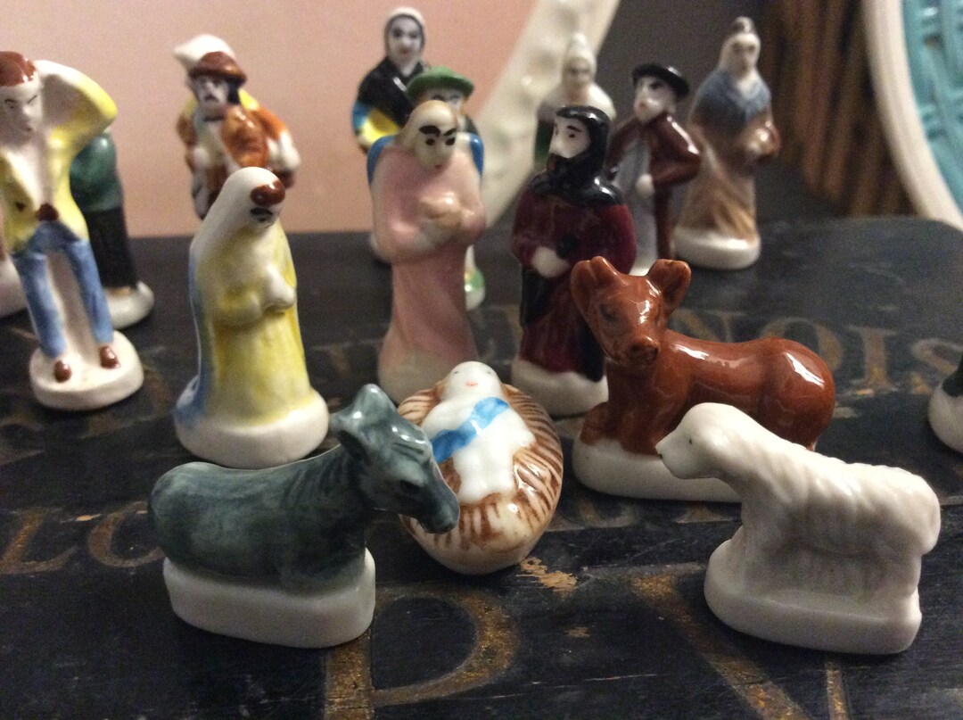 21 Vintage French Feves Miniature Nativity Set Ceramic Christmas Feves ...