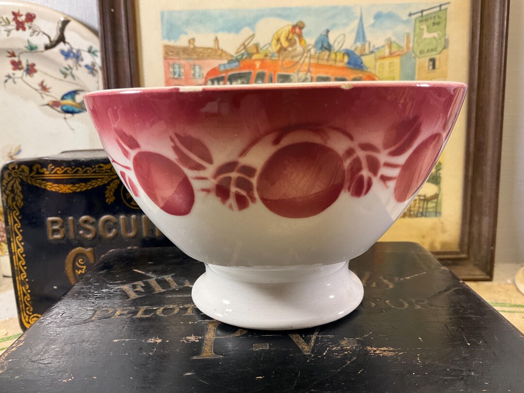 French Antique 1920s Badonviller Red Fruits Cafe Au Lait Bowl, Red ...