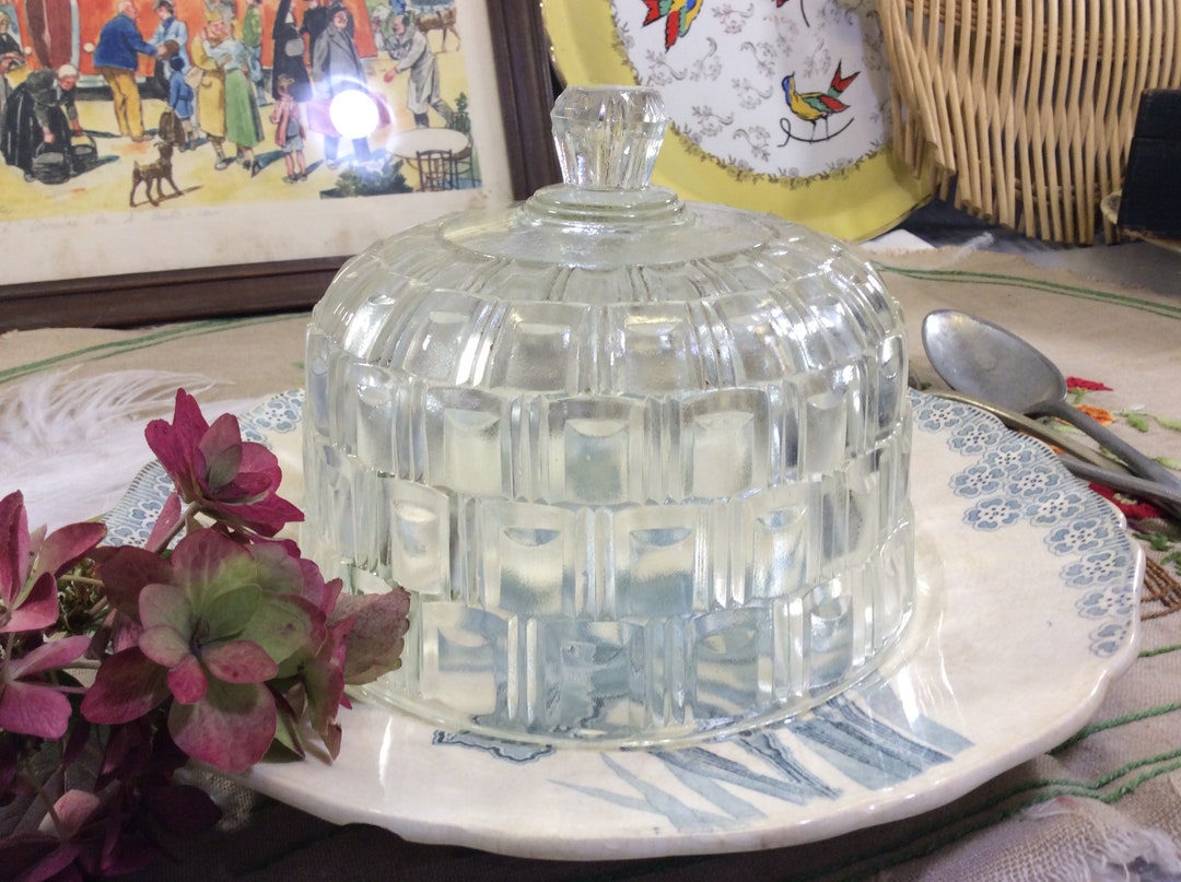 French Vintae Pressed Clear Glass Cloche, Food Display Glass Cloche ...