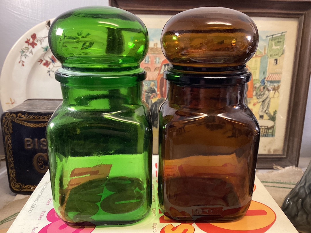 2 Vintage Green and Brown Retro Glass Storage Jars, Kitsch Retro ...
