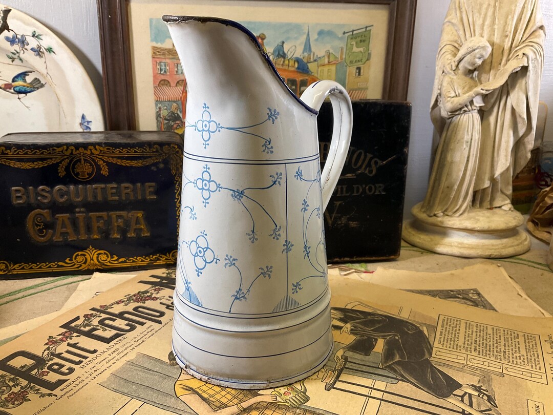 French Antique Enamel Metal Decorative Picher in Blue Onion Pattern ...