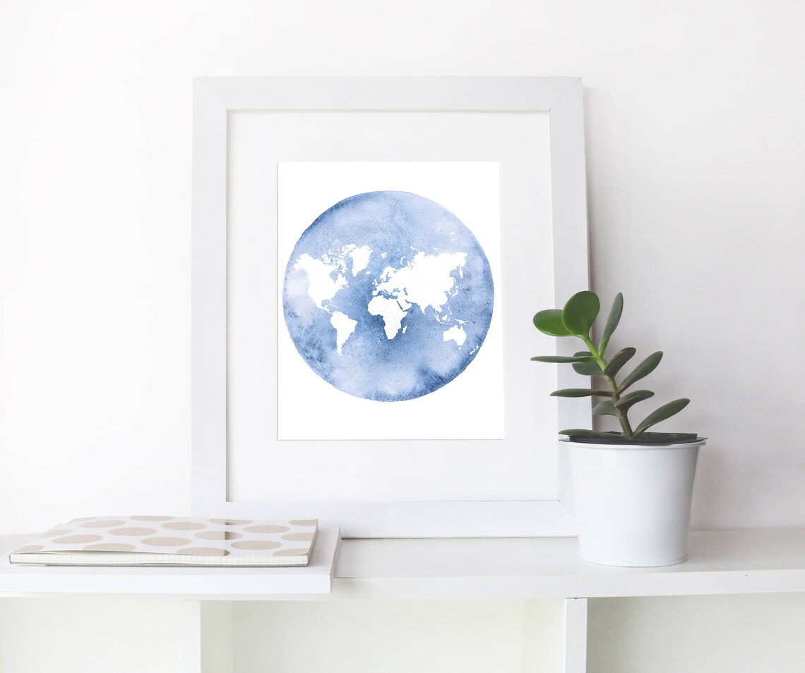 Blue Watercolor Map. World Map Wall Art. Map Art. Map of the World ...
