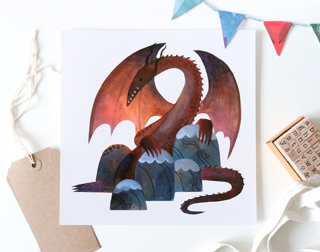 Red Dragon Rock Illustration Art Print, Fantasy Themed Home Decor ...