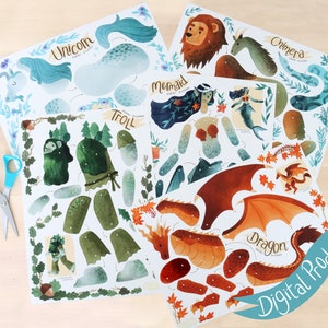 Set of 5 Articulated Mythical Creature Paper Puppet Printables, Instant ...
