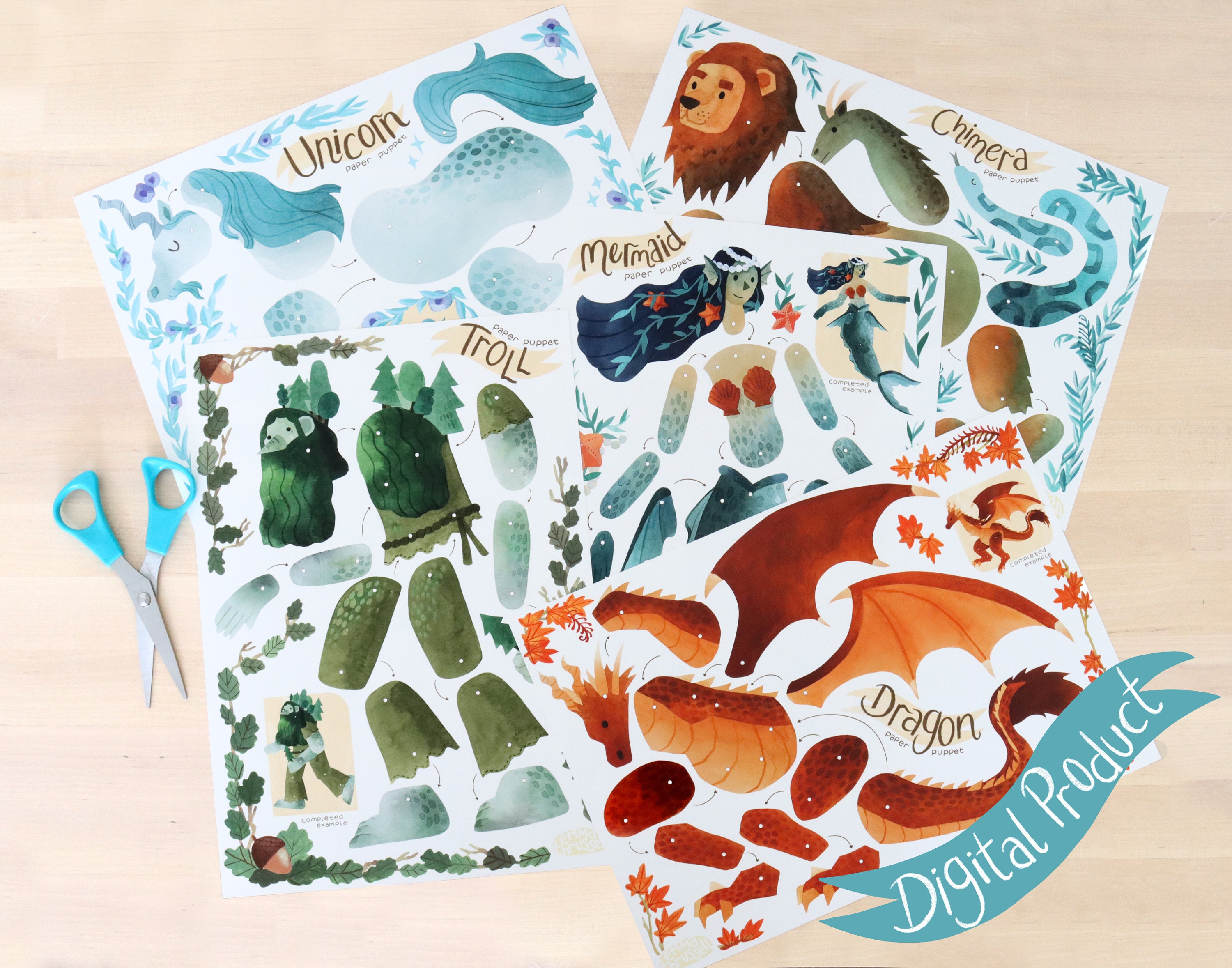 Set of 5 Articulated Mythical Creature Paper Puppet Printables, Instant ...