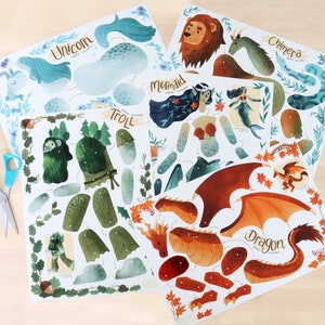 Set of 5 Articulated Mythical Creature Paper Puppet Printables, Instant ...