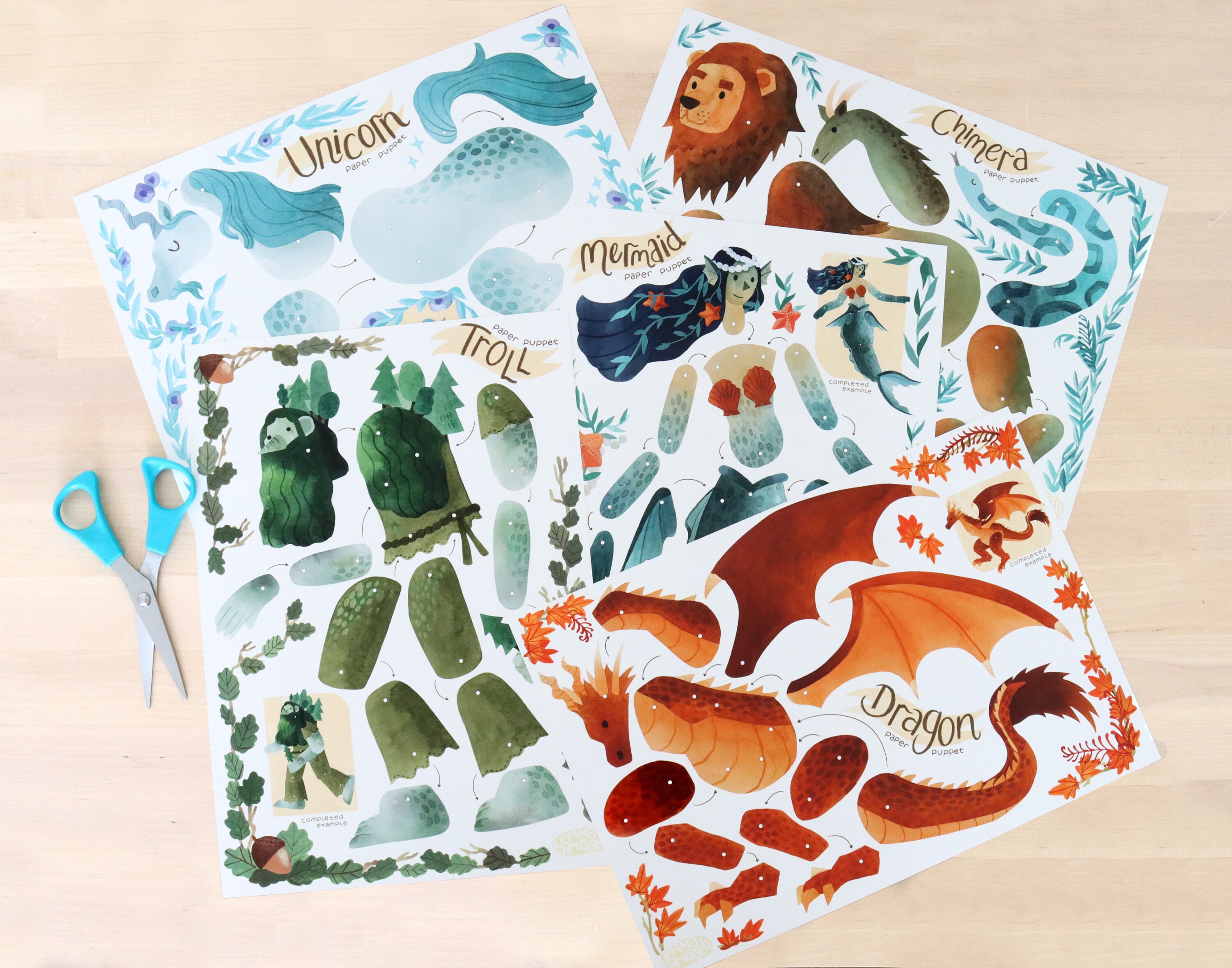 Set of 5 Articulated Mythical Creature Paper Puppet Printables, Instant ...