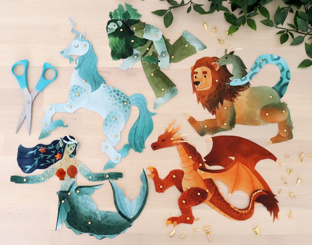 Set of 5 Articulated Mythical Creature Paper Puppet Printables, Instant ...