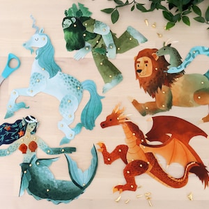 Set of 5 Articulated Mythical Creature Paper Puppet Printables, Instant ...